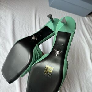 Prada | Shoes | Green Prada Heeled Slide Sandals With Wet Look | Poshmark